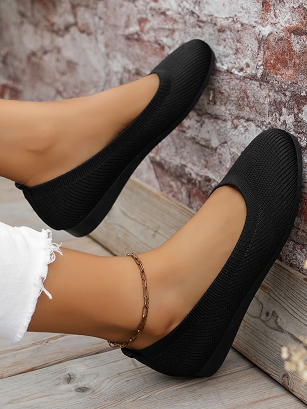 Women Knit Detail Ballet Flats , Elegant Solid Black Dancing Flats ...