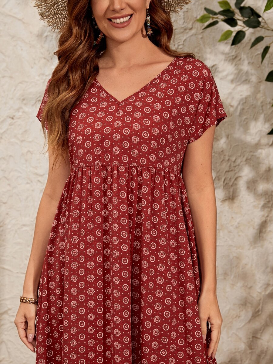 EMERY ROSE Allover Print V Neck Hidden Pocket Smock Dress | SHEIN USA