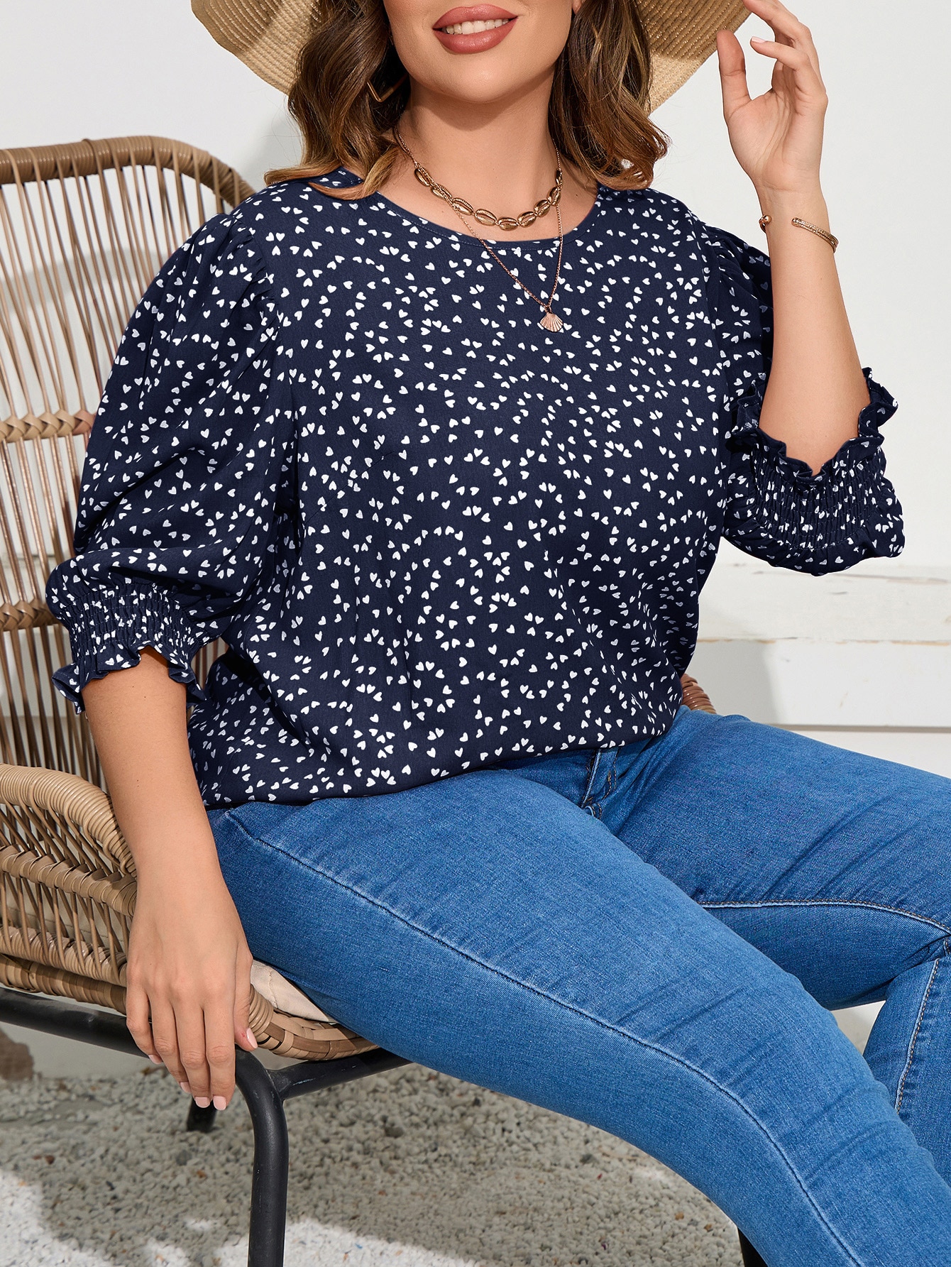 SHEIN LUNE Plus Heart Print Puff Sleeve Blouse | SHEIN USA