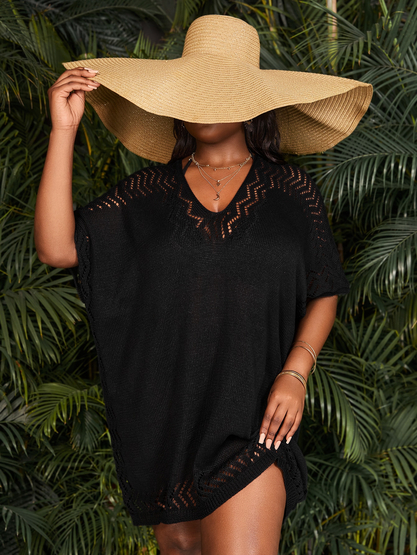 Shein Swim Bohofeel Plus Hollow Out Dolman Sleeve Cover Up Dress