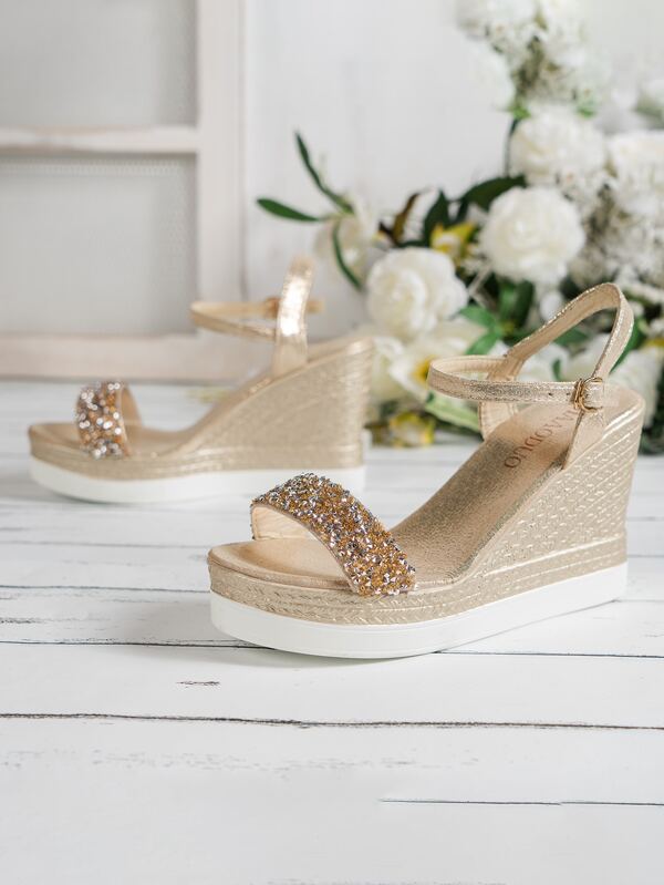 Women Metallic Ankle Strap Sandals, Glamorous Gold Glitter Wedge ...