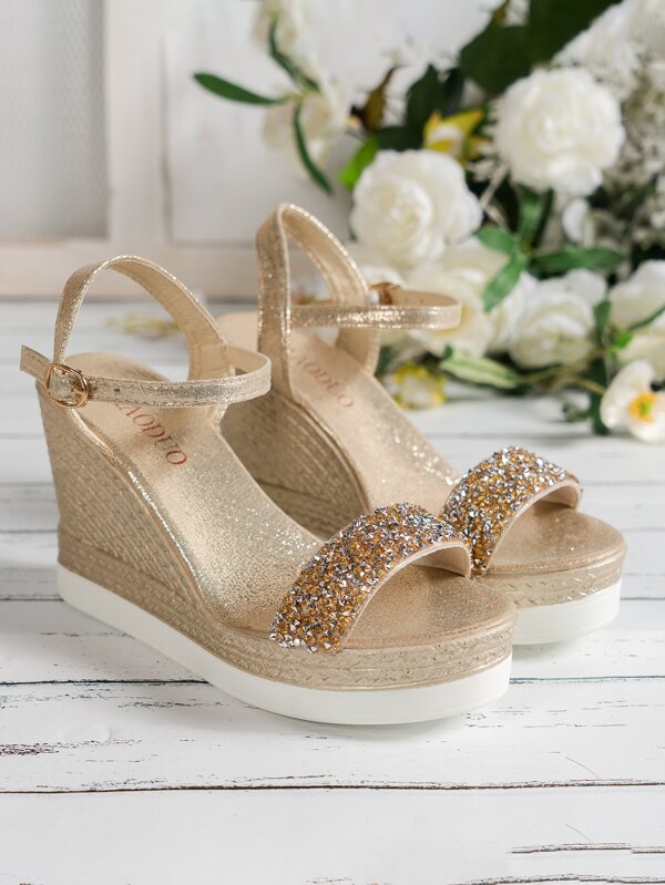 Women Metallic Ankle Strap Sandals, Glamorous Gold Glitter Wedge ...