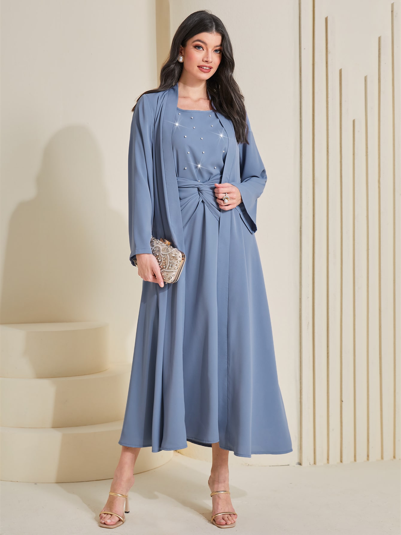 SHEIN Najma Pearls Beaded Twist Front Dress & Open Front Coat | SHEIN UK