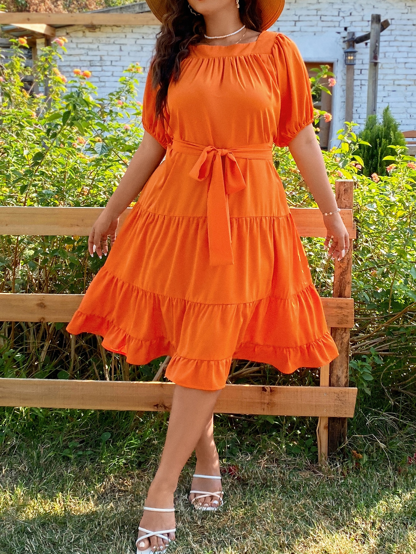 Shein Vcay Plus Puff Sleeve Tiered Ruffle Hem Belted Dress Shein Usa