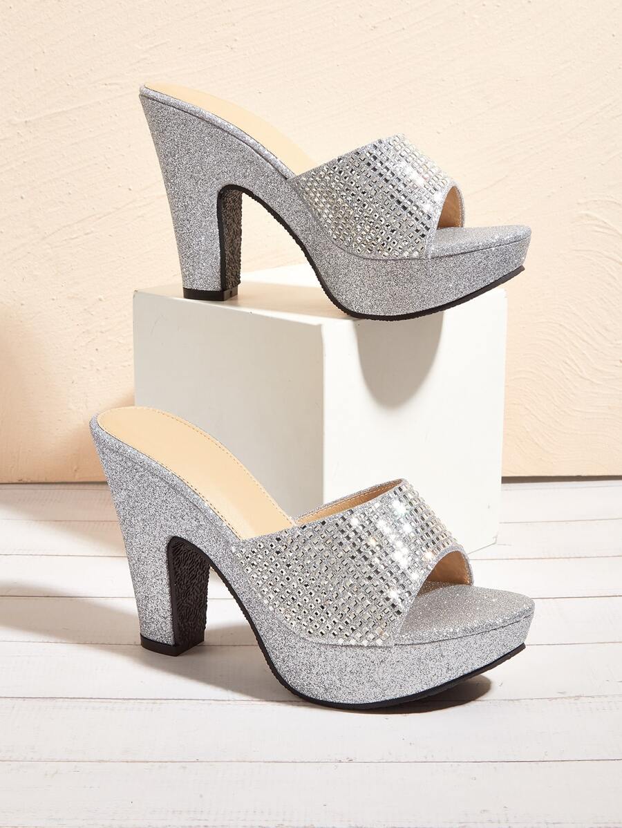 Glamorous Silver Mule Sandals For Women, Glitter Rhinestone Decor ...