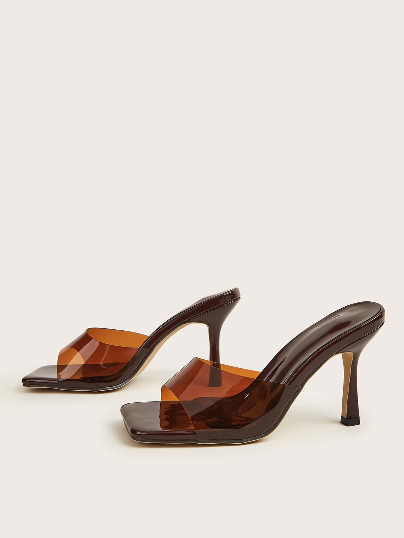 Fashion Brown Mule Sandals For Women, Single Band PVC Stiletto Heeled ...