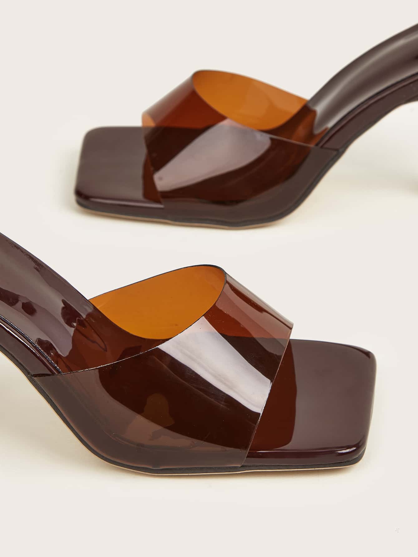 Fashion Brown Mule Sandals For Women, Single Band PVC Stiletto Heeled ...