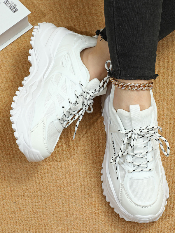 Mujer Zapatillas deportivas grueso tejido con cordón delantero blanco | Moda de Mujer | SHEIN México