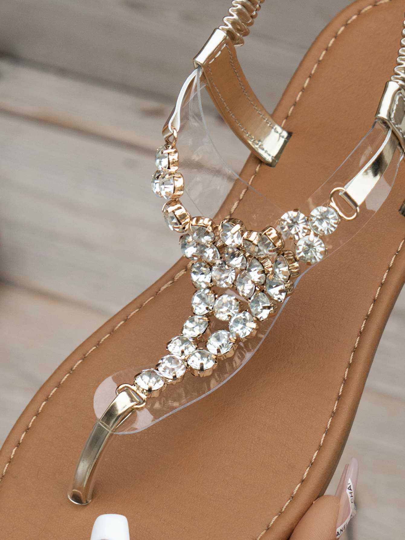 Glamorous Outdoors T-strap Flat Sandals For Women, Rhinestone Decor ...