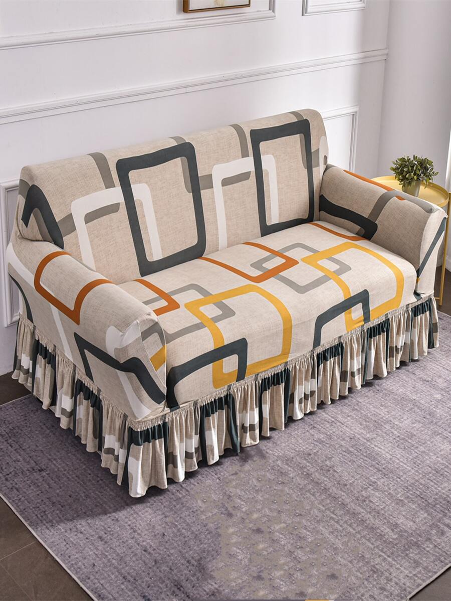 1pc Geometric Pattern Ruffle Trim Sofa Slipcover, Modern Geometric ...
