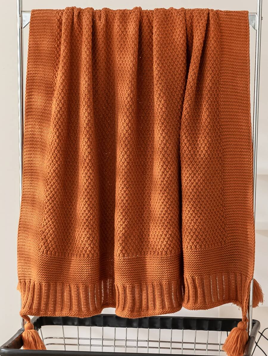 1pc Tassel Decor Plain Orange Throw Blanket, Modern Knitted Fabric ...