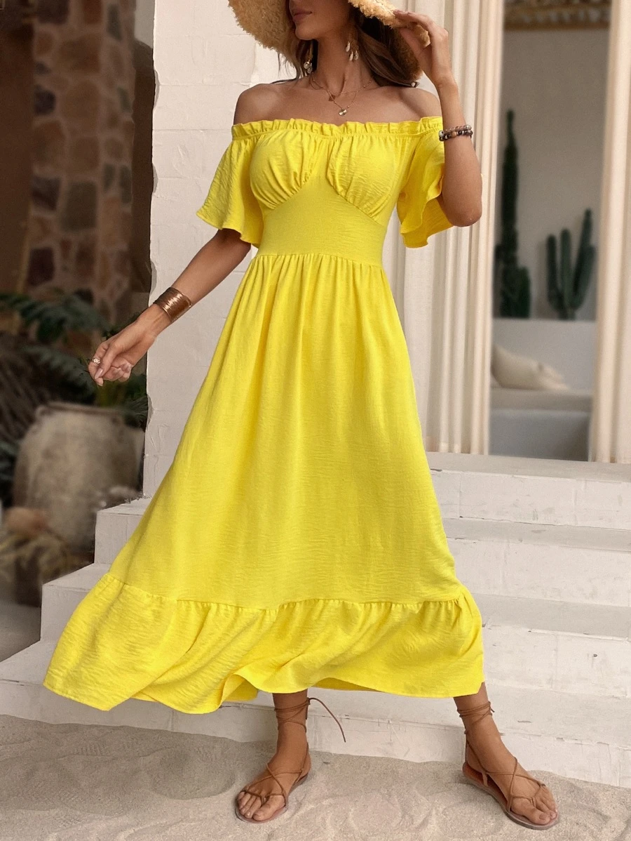 SHEIN VCAY Off Shoulder Ruffle Hem Shirred Back Dress | SHEIN USA