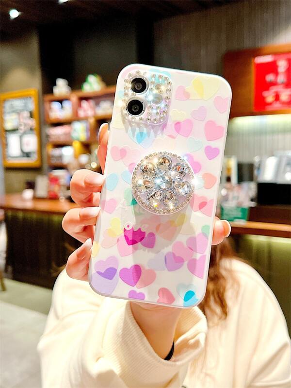 Heart Pattern Phone Case With Stand-Out Phone Grip Compatible With iPhone15/15Plus/15Pro ...
