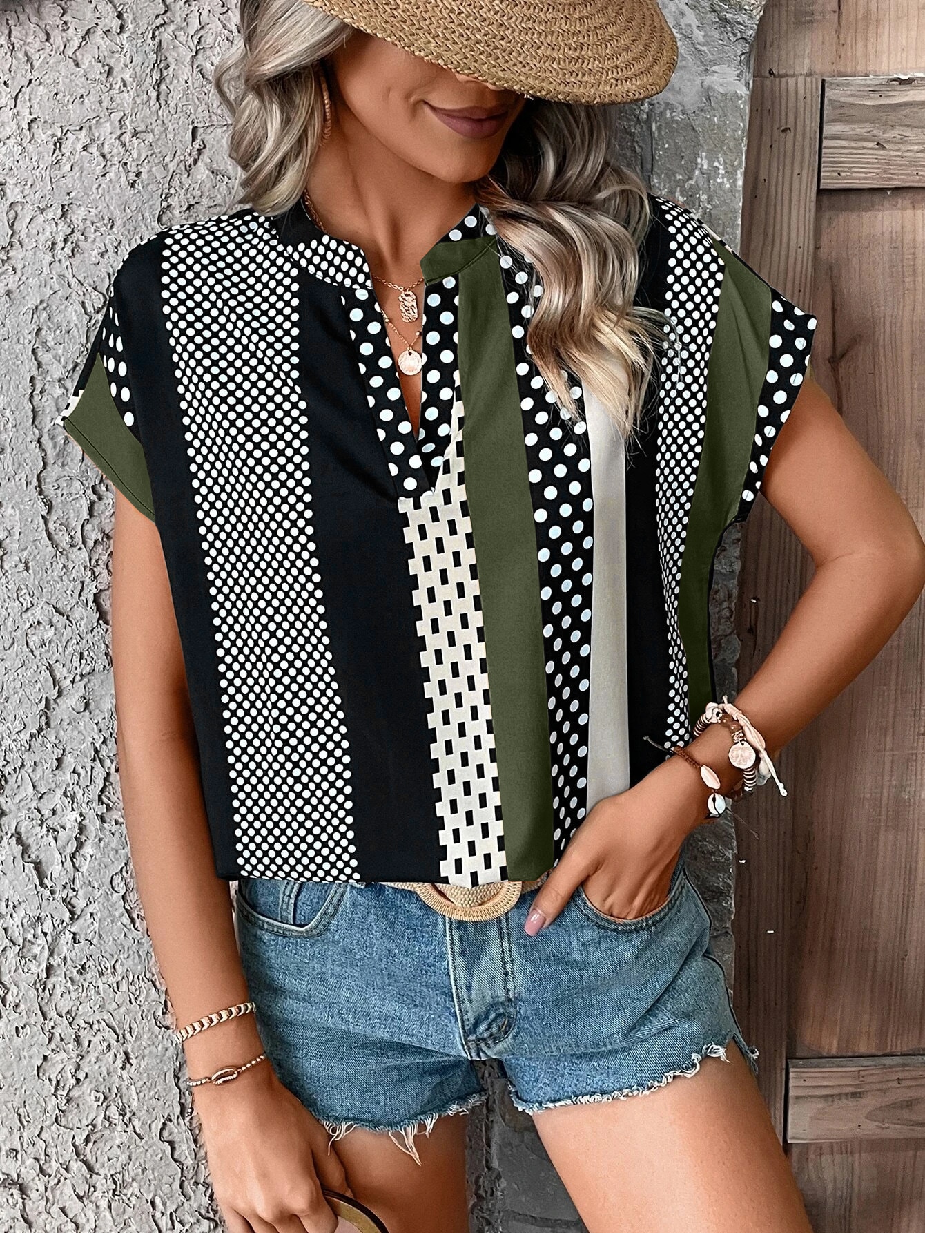 Shein Lune Polka Dot Print Batwing Sleeve Blouse Shein Usa