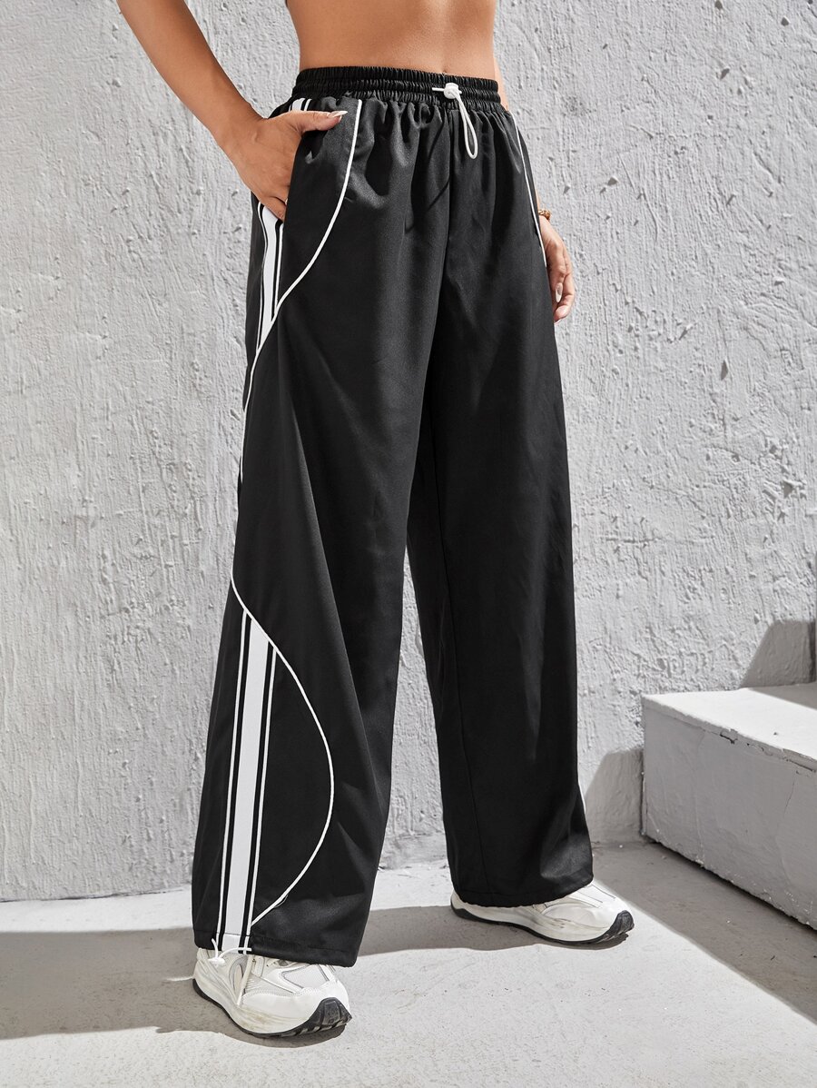 SHEIN PETITE Contrast Piping Drawstring Waist Wide Leg Pants | SHEIN USA