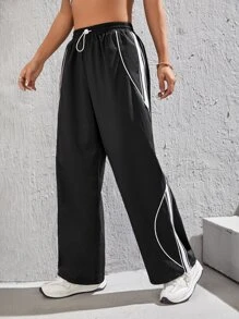 SHEIN PETITE Contrast Piping Drawstring Waist Wide Leg Pants | SHEIN USA