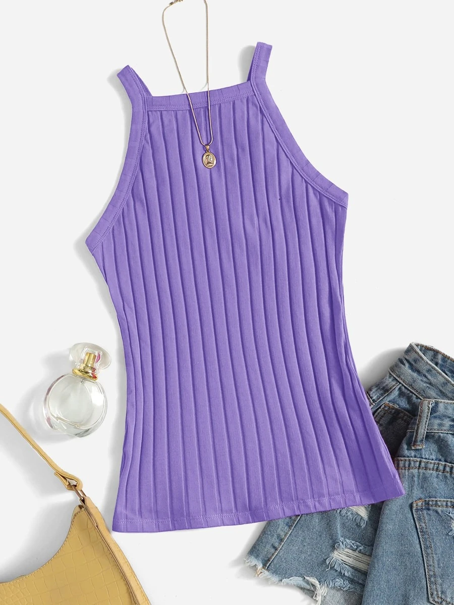 SHEIN EZwear Solid Ribbed Knit Halter Top | SHEIN USA