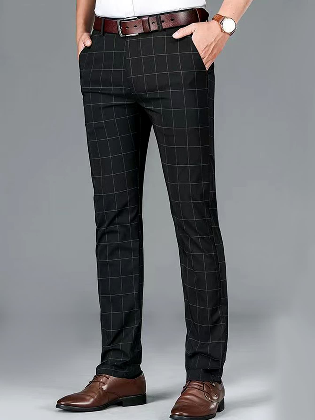 Men Plaid Slant Pocket Suit Pants Without Belt Dress Pants | SHEIN USA