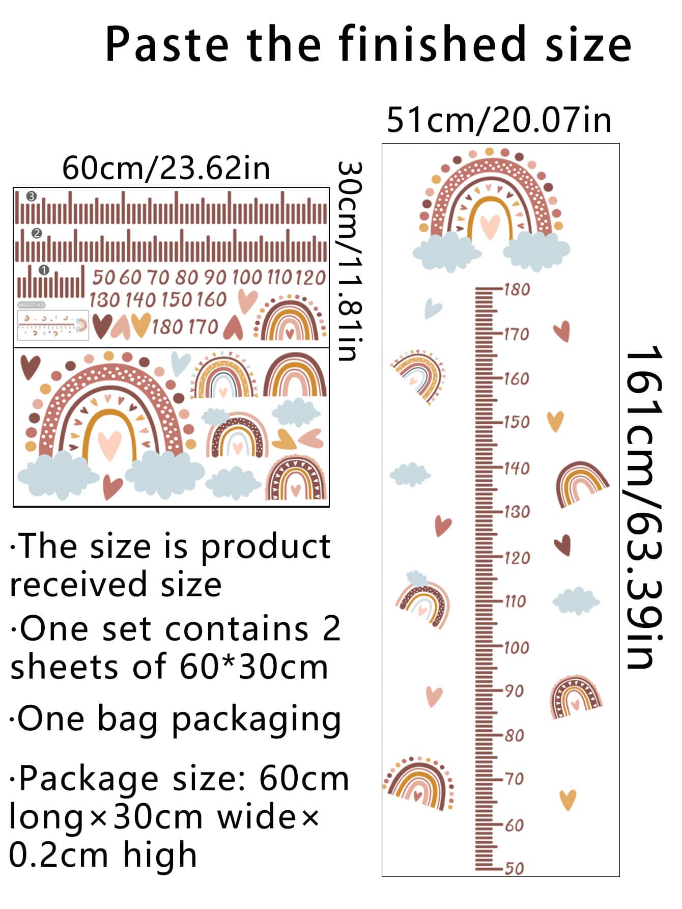 2pcs/set PVC Growth Chart Decal, Rainbow Pattern Height Measure Chart ...