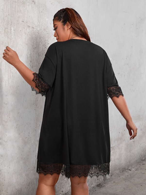 Shein Coolane Plus Figure Graphic Eyelash Lace Trim Drop Shoulder Tee