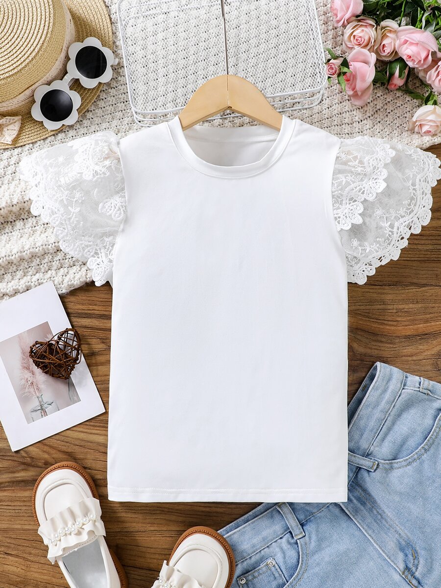 Tween Girl Contrast Lace Butterfly Sleeve Tee,Holiday,Summer,Travel ...