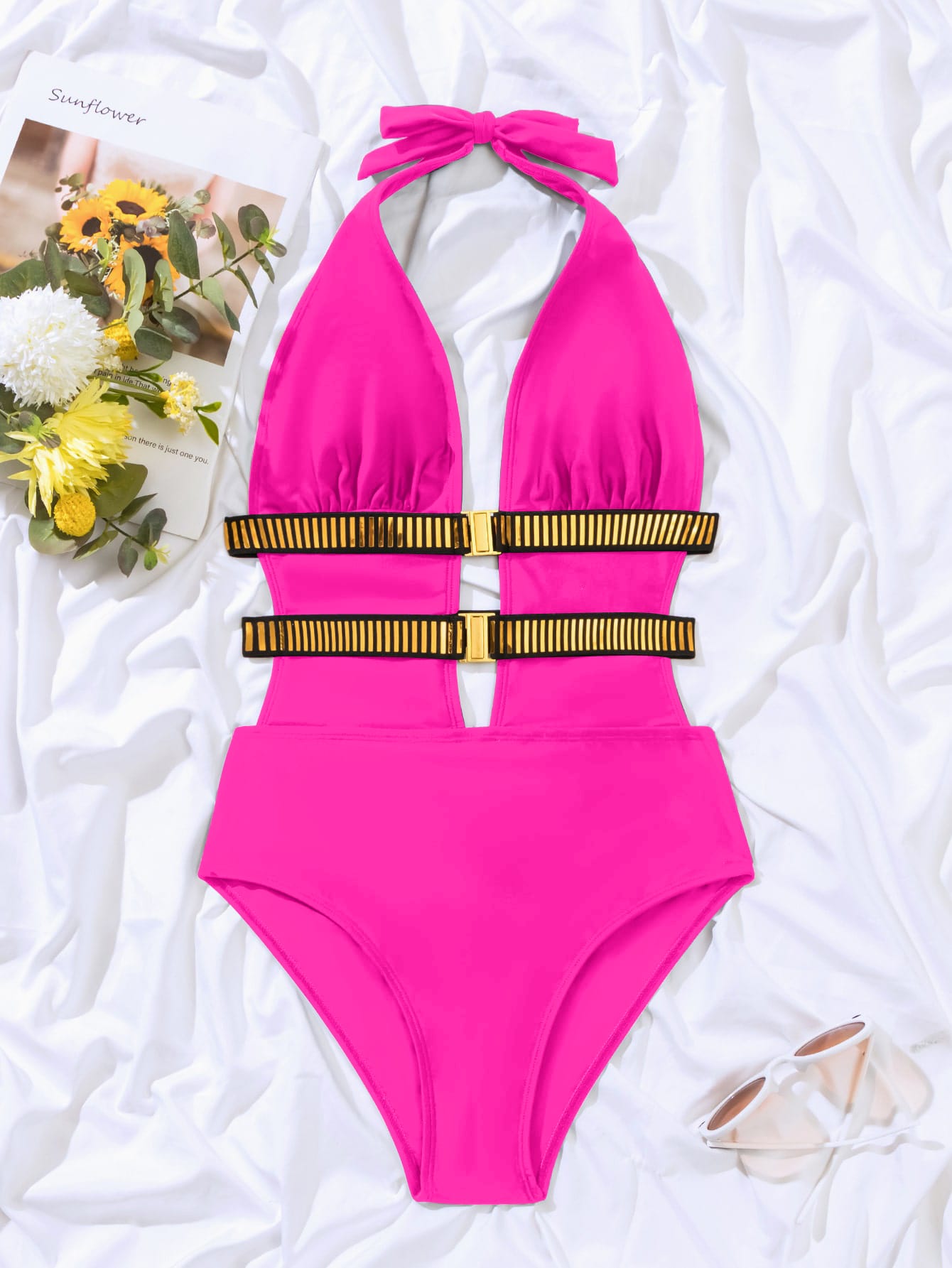 Striped Tape Plunging One Piece Swimsuit Shein Usa