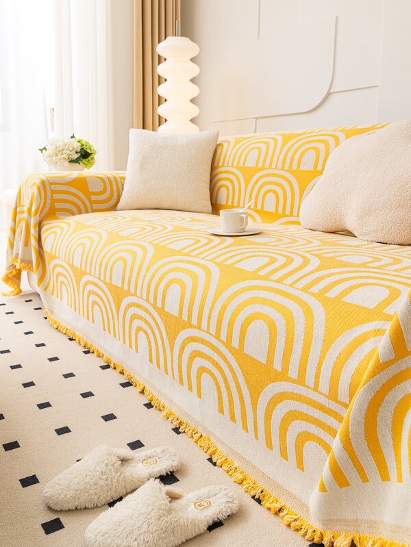 1pc Geometric Pattern Sofa Towel, Modern Polyester Tassel Decor Sofa ...