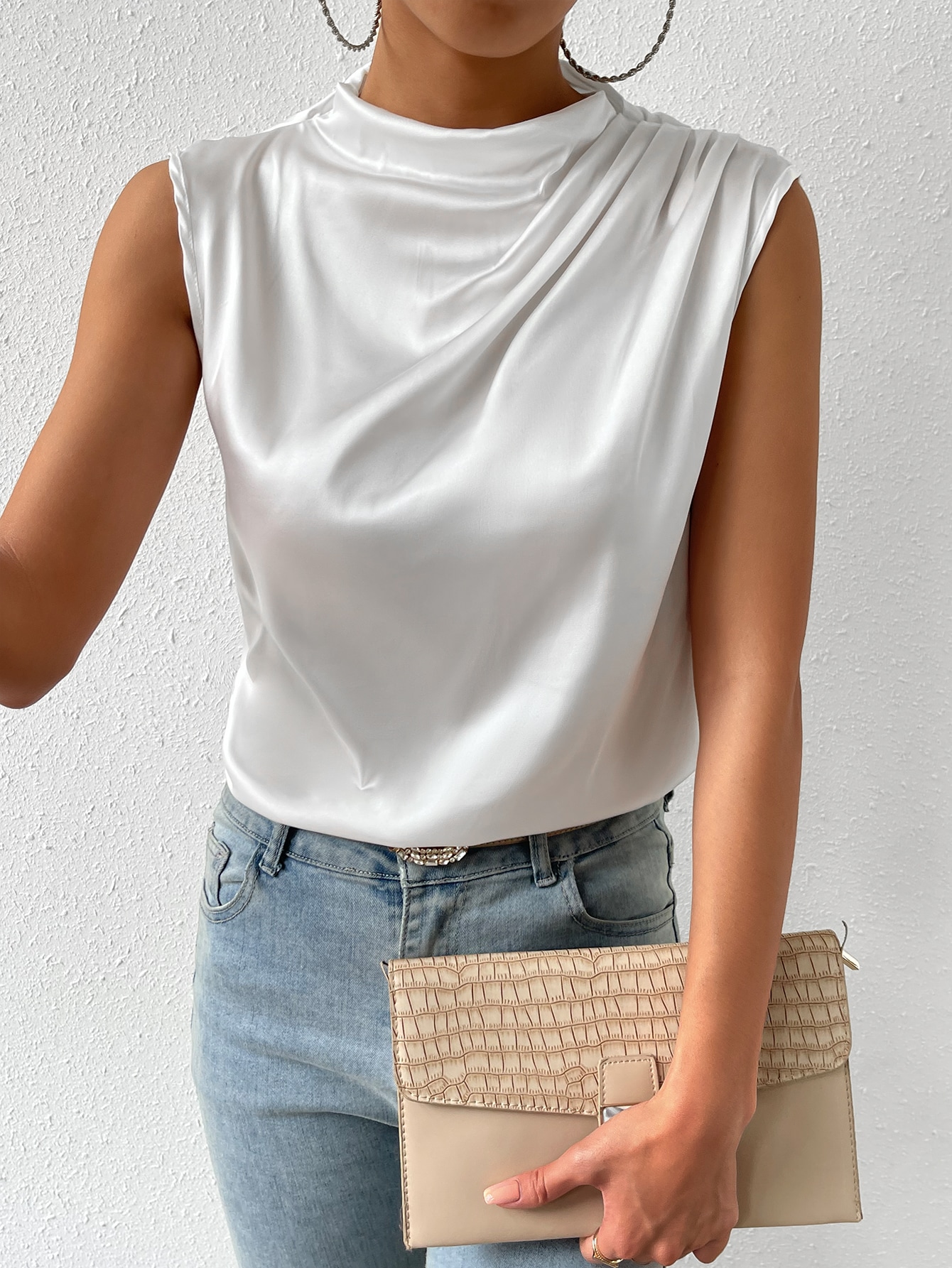 SHEIN Frenchy Mock Neck Satin Blouse | SHEIN USA