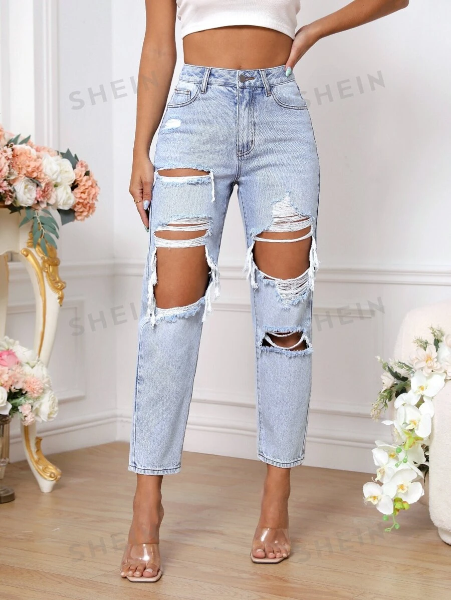 SHEIN Essnce Cut Out Ripped Mom Fit Jeans | SHEIN UK
