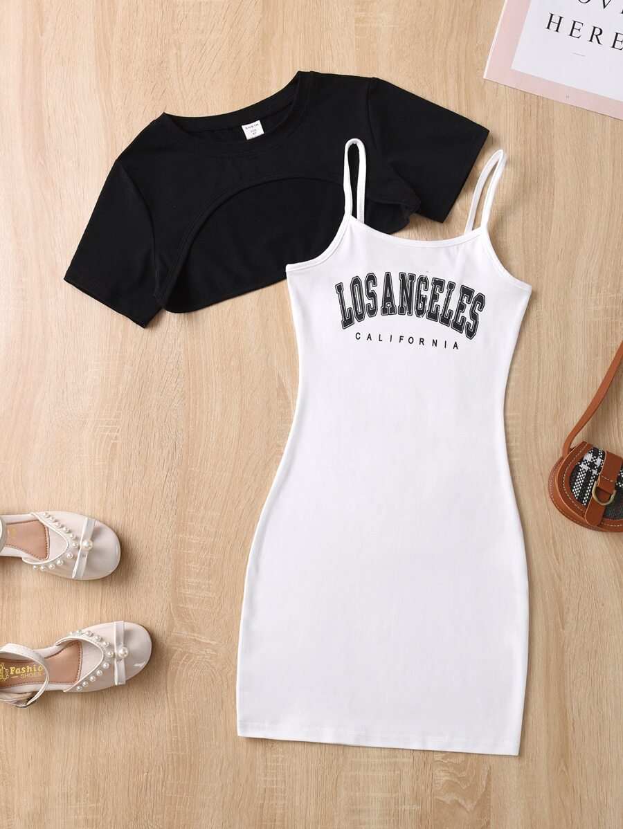 Tween Girl High Low Hem Tee & Letter Graphic Cami Dress | SHEIN