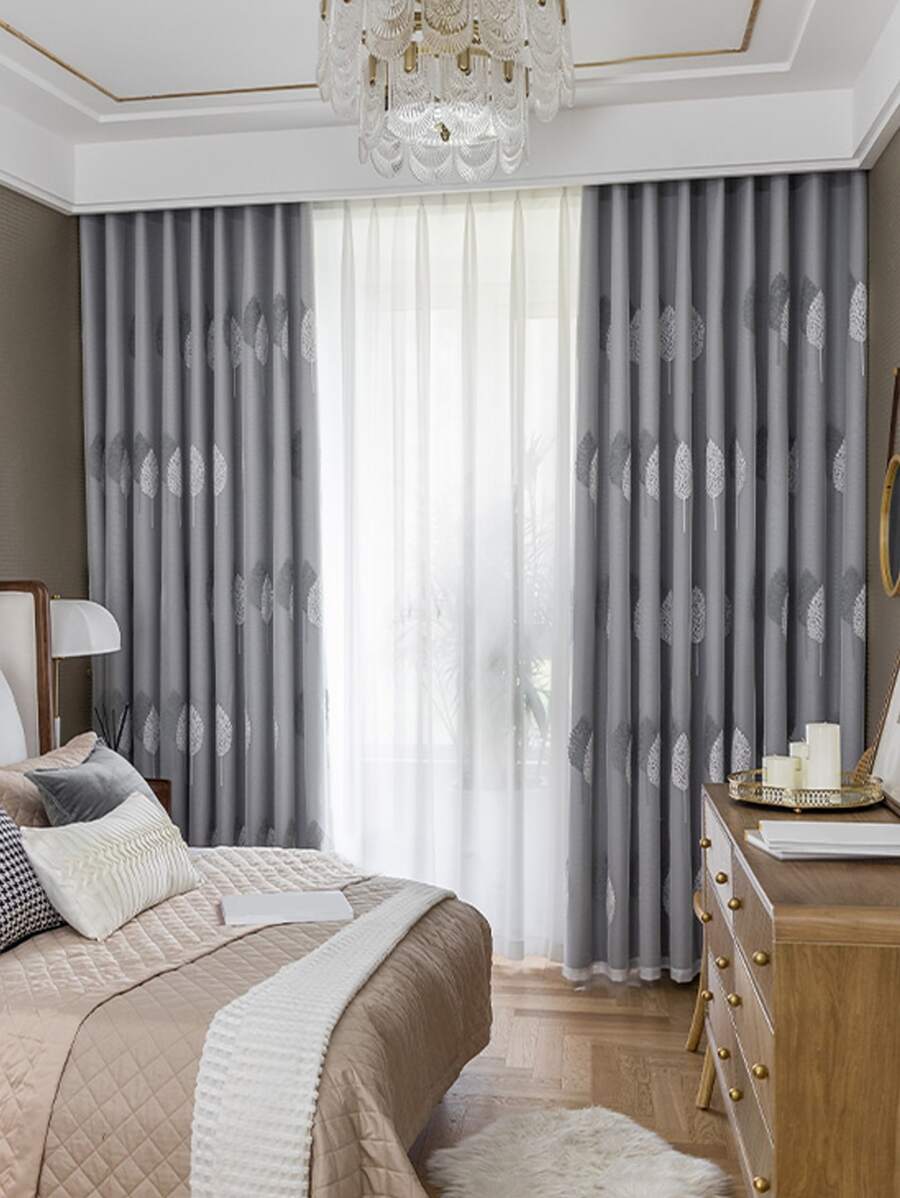 Polyester Single Panel Curtain, Nordic Leaf Embroidered Double-layer ...