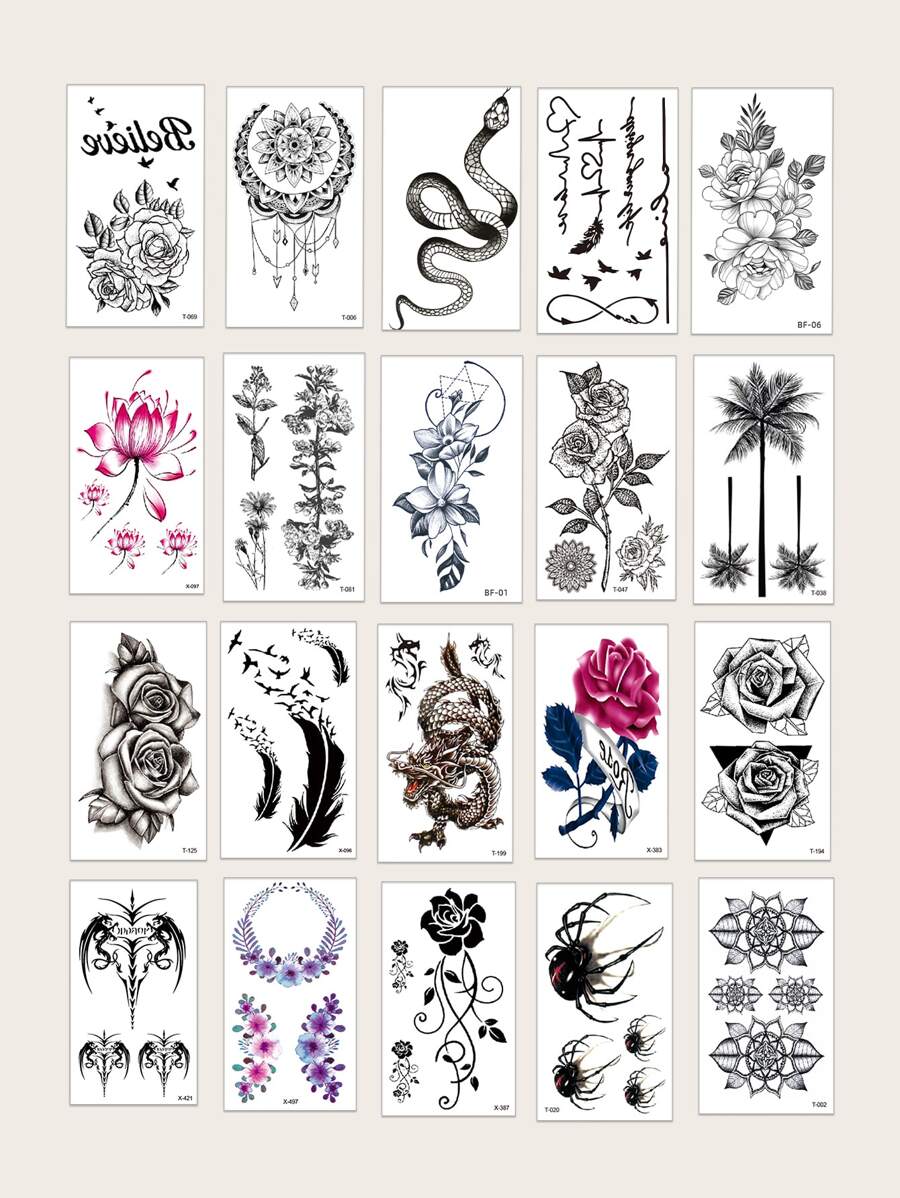 Tattoo Sticker Kits, 20 sheets Snake & Floral Pattern Temporary Tattoos ...