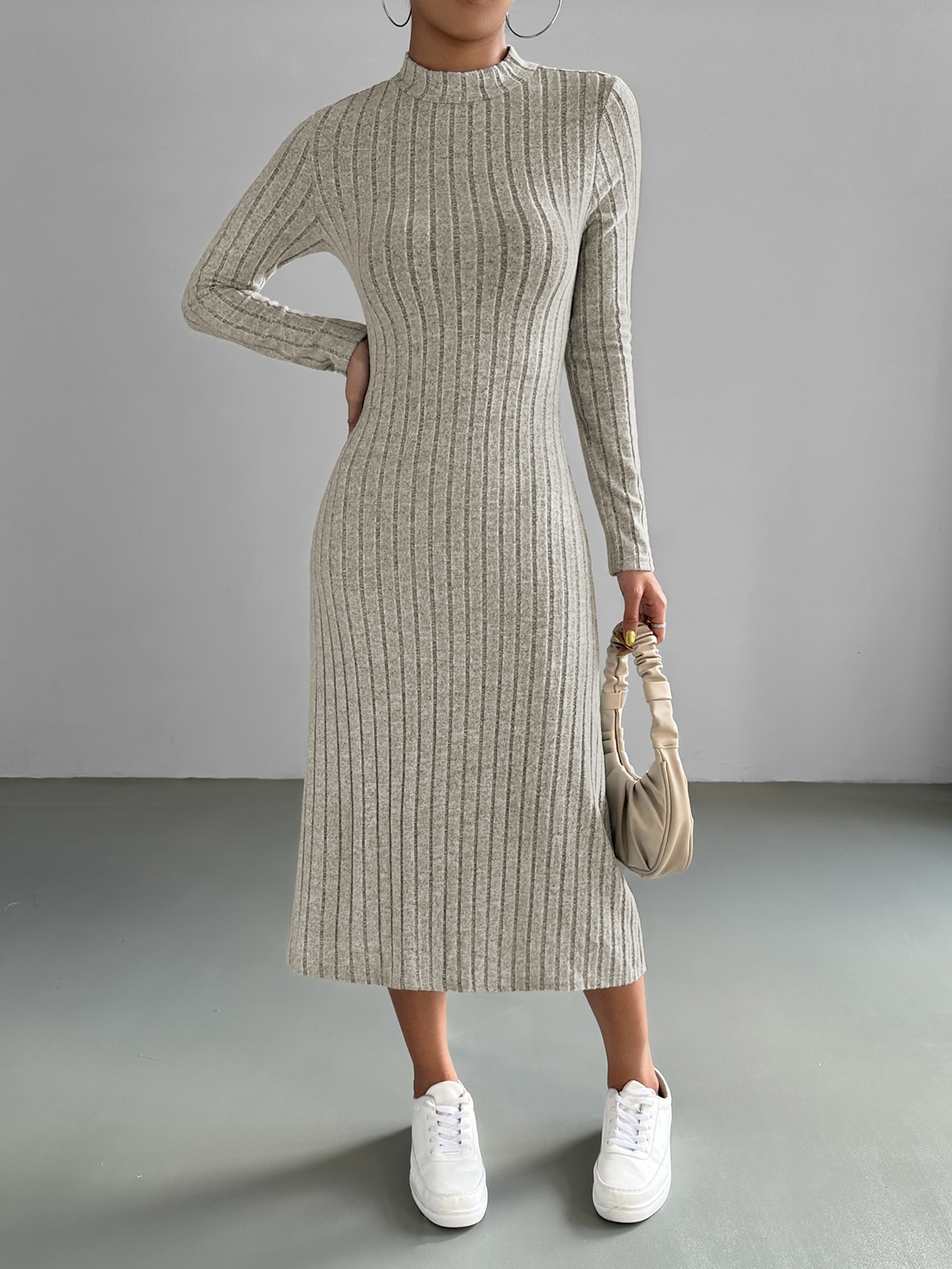 SHEIN EZwear Mock Neck Ribbed Knit Dress | SHEIN UK