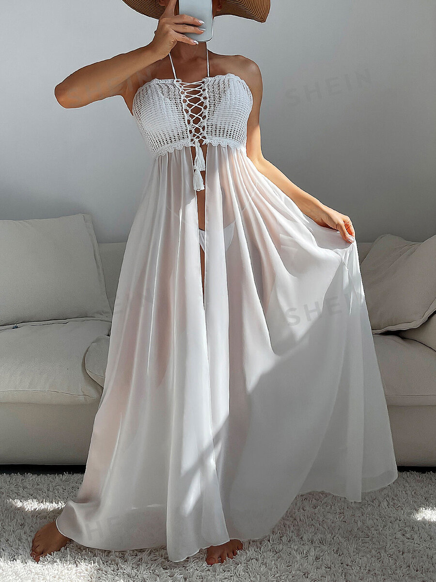 SHEIN Swim Hollow Out Lace Up Front Cover Up,Summer Beach | SHEIN UK