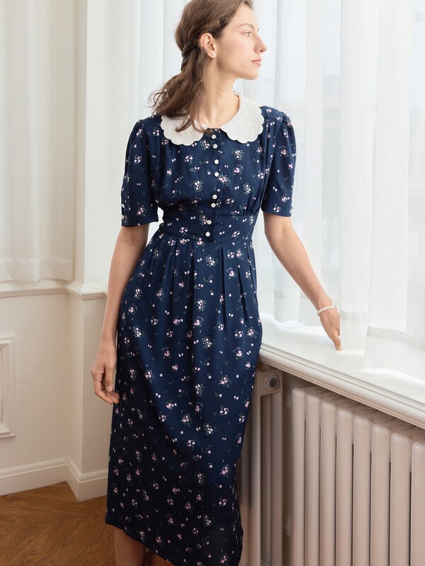 Simple Retro Ditsy Floral Print Contrast Collar Puff Sleeve Dress