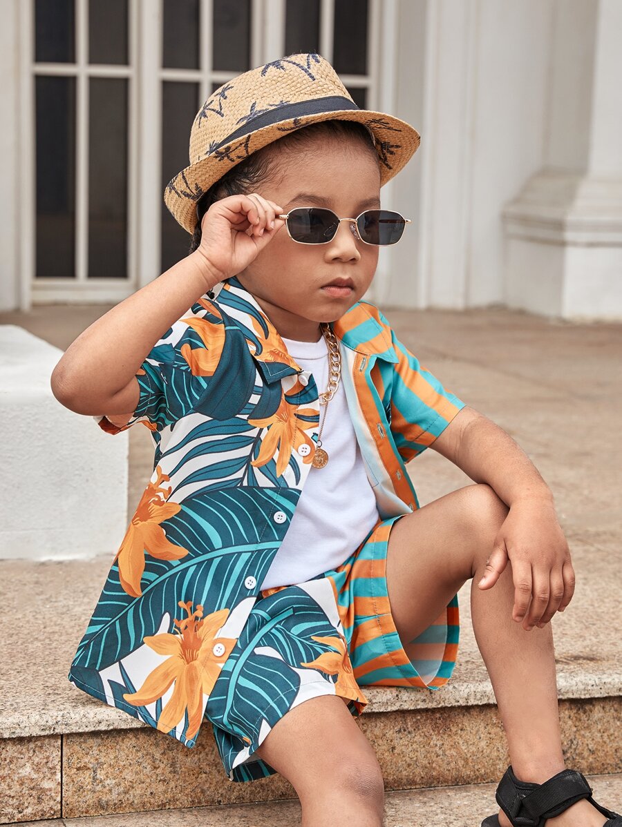 SHEIN Young Boy Tropical Print Striped Shirt & Shorts Without Tee ...