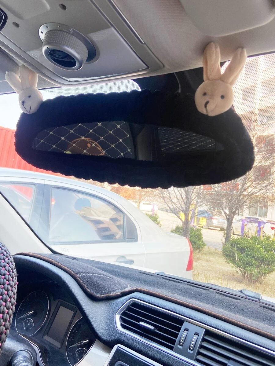 1pc Cartoon Rabbit Head Decor Fuzzy Car Rearview Mirror Cover | SHEIN USA