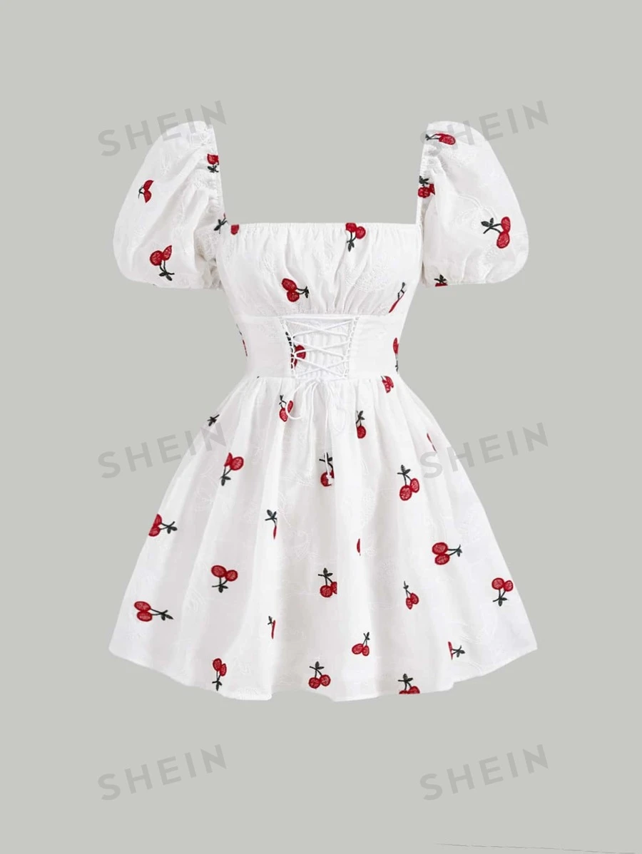 SHEIN MOD Cherry Print Ruched Bust Puff Sleeve Milkmaid Dress | SHEIN UK