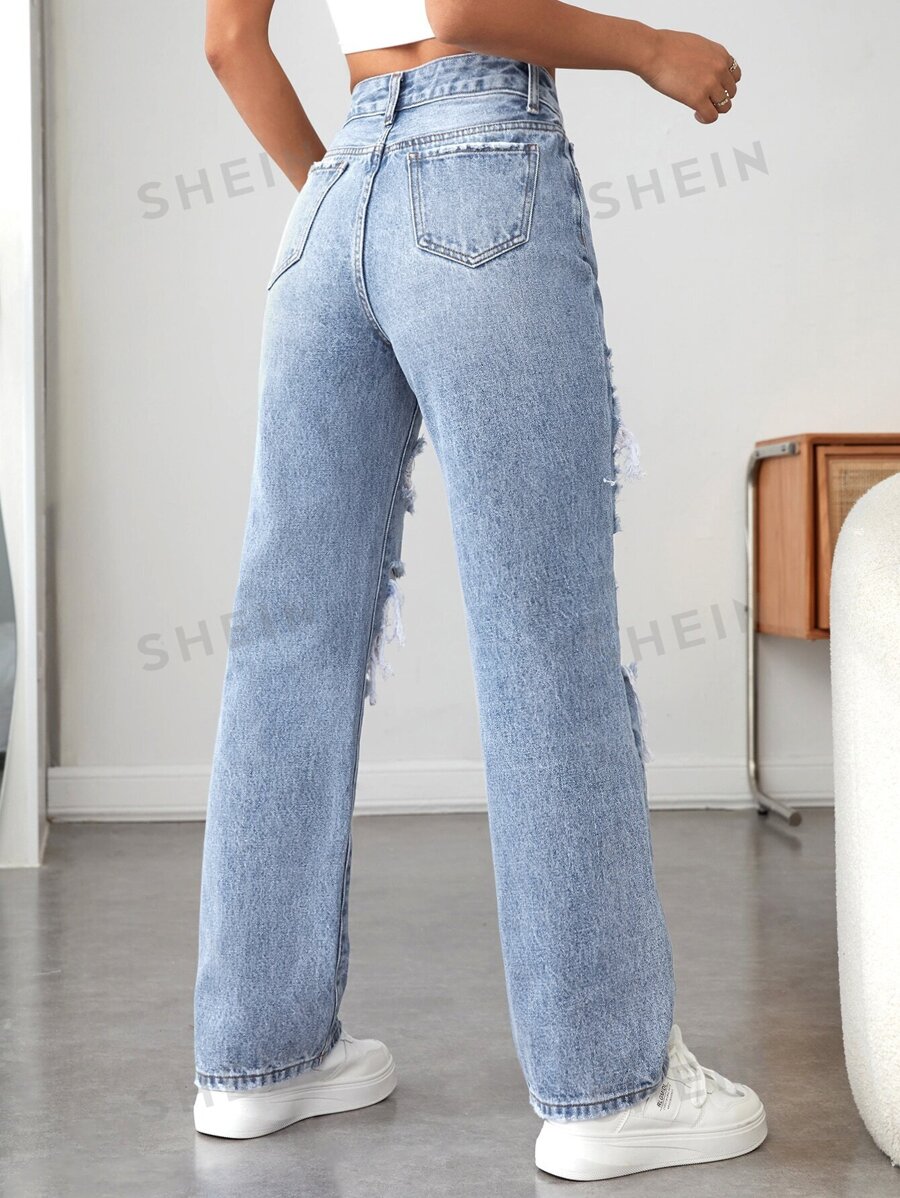 SHEIN PETITE Zipper Fly Ripped Straight Leg Jeans | SHEIN USA