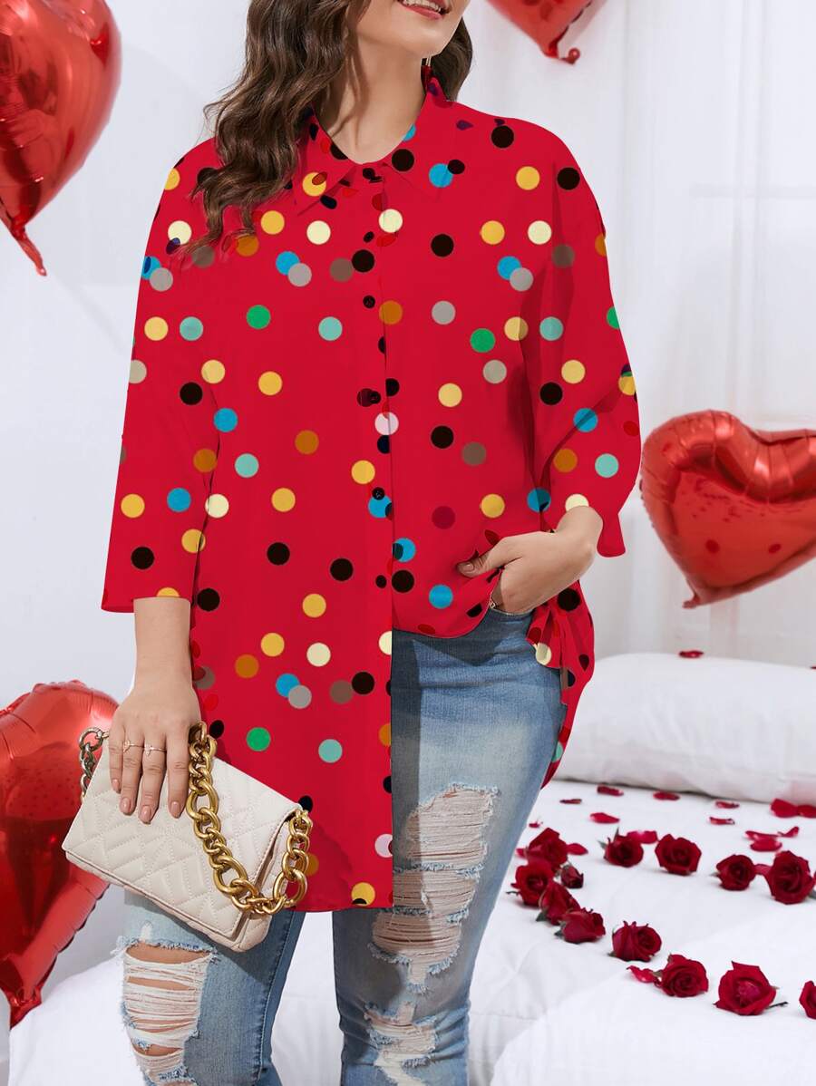 SHEIN LUNE Plus Polka Dot Print Drop Shoulder Shirt | SHEIN USA