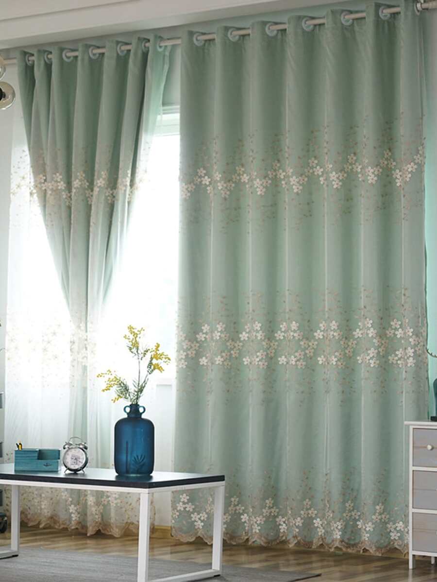 Polyester Single Panel Curtain, Modernist Floral Embroidered Double ...