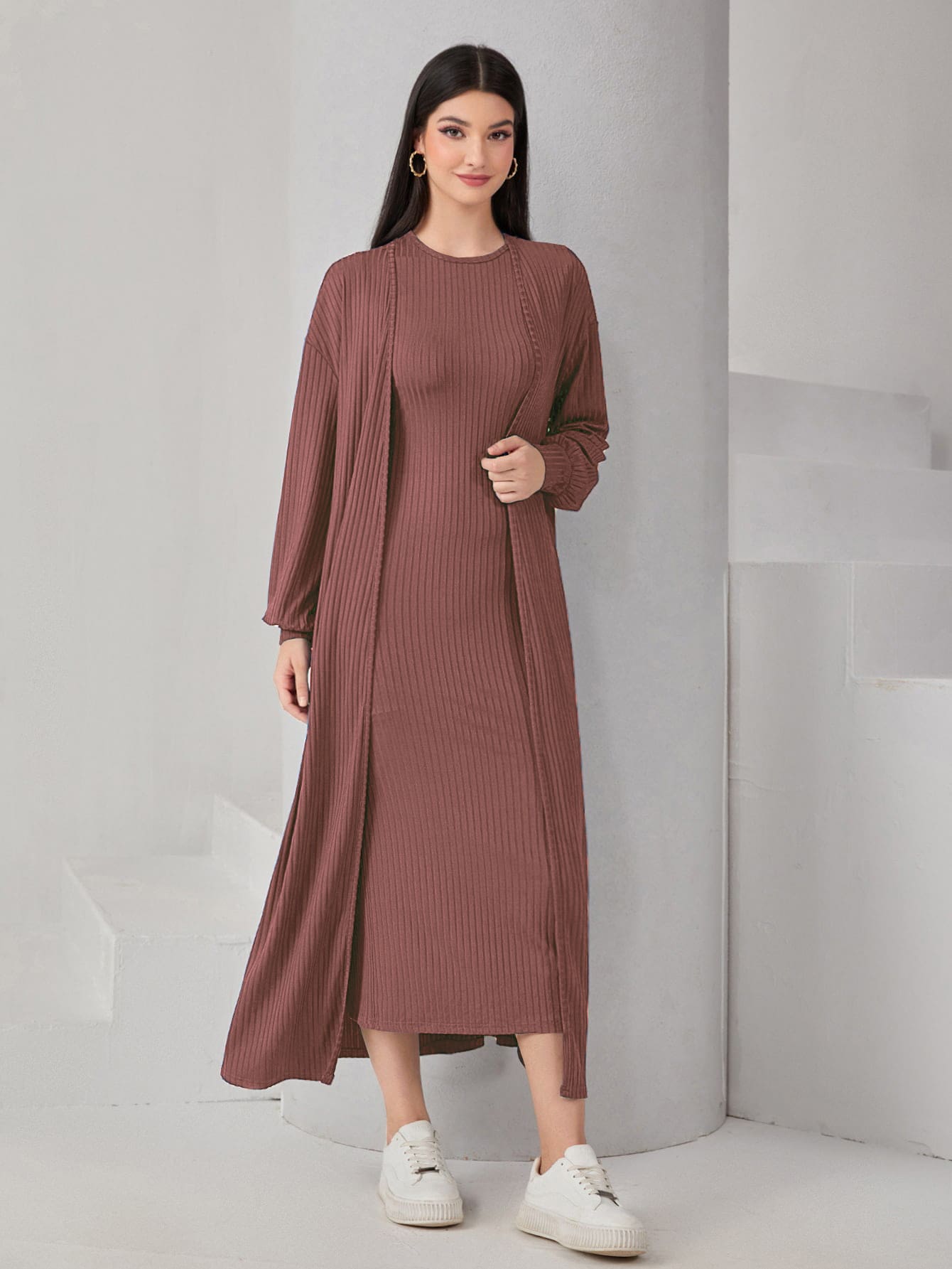 SHEIN Modely Solid Lantern Sleeve Coat & Ribbed Knit Dress | SHEIN UK