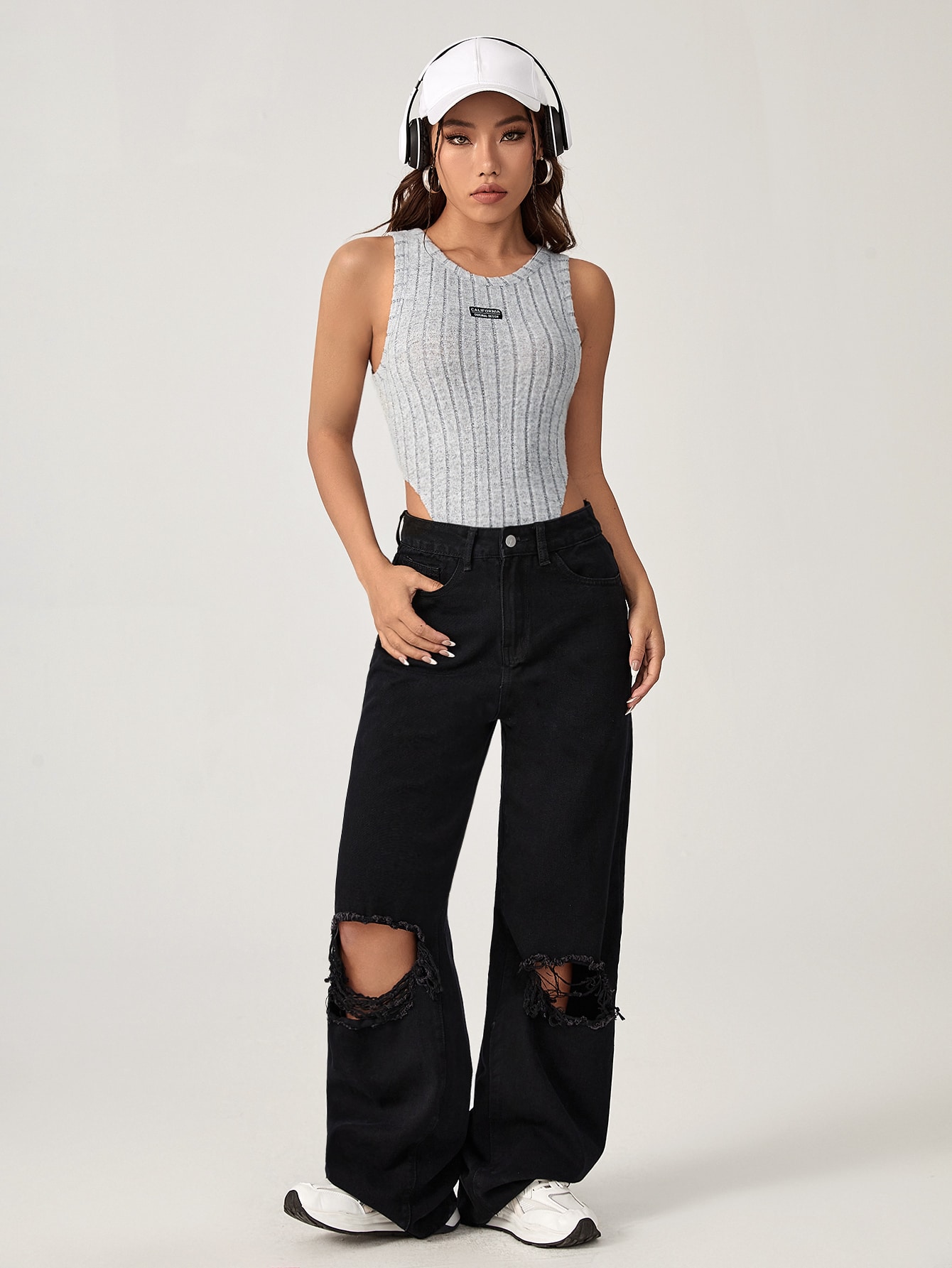 SHEIN EZwear Letter Patched Detail High Cut Tank Bodysuit | SHEIN USA