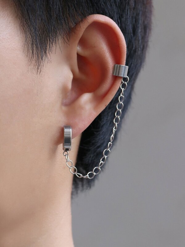 Fashionable and Popular 1pc Men Chain Linked Ear Cuffs, Stainless Steel ...