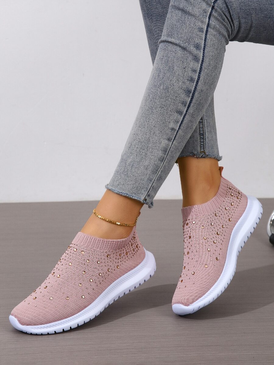Sporty Running Shoes For Women, Rhinestone Decor Knit Detail Lace-up ...