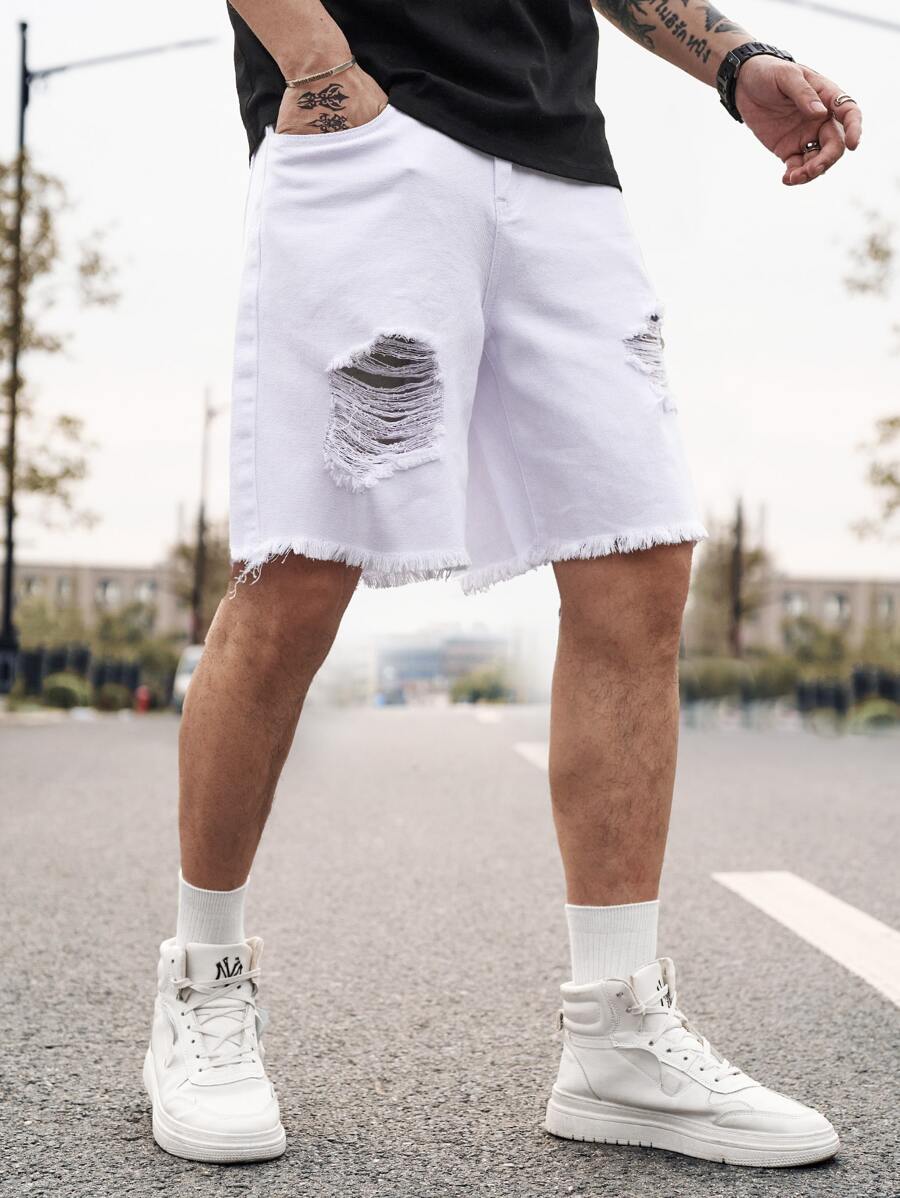 Manfinity EMRG Men Ripped Frayed Raw Hem Bermuda Oversize Denim Shorts ...