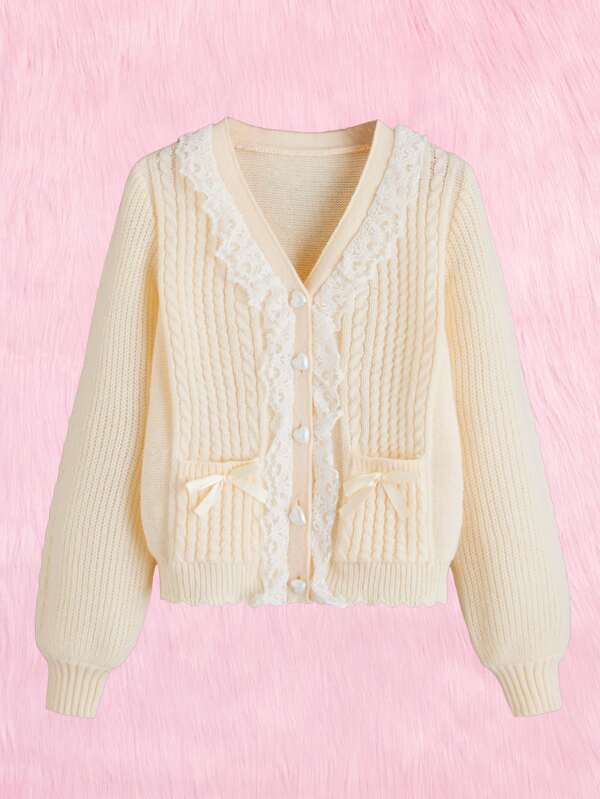 Kawaii Contrast Lace Bow Front Cable Knit Cardigan Shein Usa