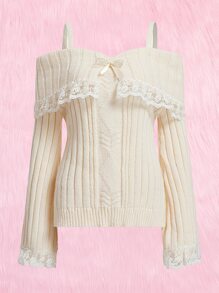 ROMWE Kawaii Contrast Lace Cold Shoulder Sweater | SHEIN UK