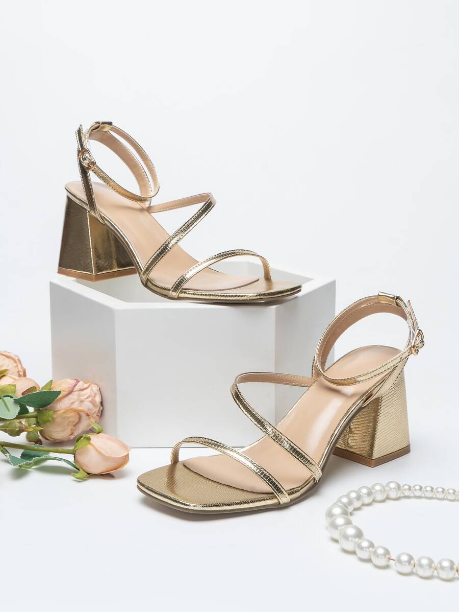 Women Metallic Chunky Heeled Sandals, Glamorous Gold Ankle Strap ...