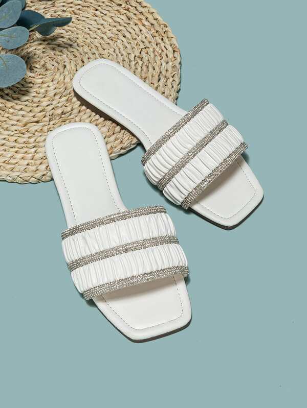 Women Rhinestone Decor Ruched Detail Flat Sandals, Glamorous Slide ...